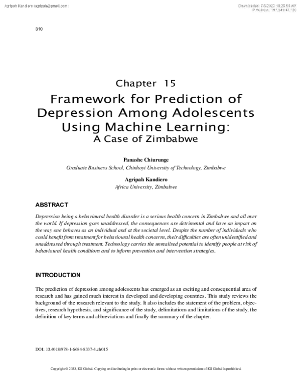 (PDF) Framework for Prediction of Depression Among Adolescents Using Machine Learning A Case of ...