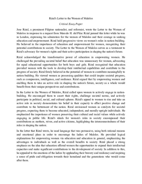 (DOC) Rizal's Letter to the Women of Malolos