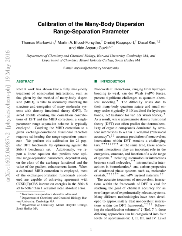 (PDF) Calibration of the Many-Body Dispersion Range-Separation Parameter | Dmitrij Rappoport ...