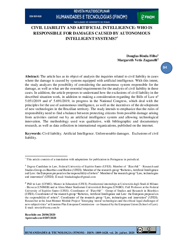 (PDF) Civil Liability and Artificial Intelligence: Who is Responsible for Damages Caused by ...