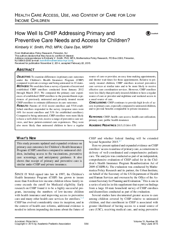 (PDF) How Well Is CHIP Addressing Primary and Preventive Care Needs and ...