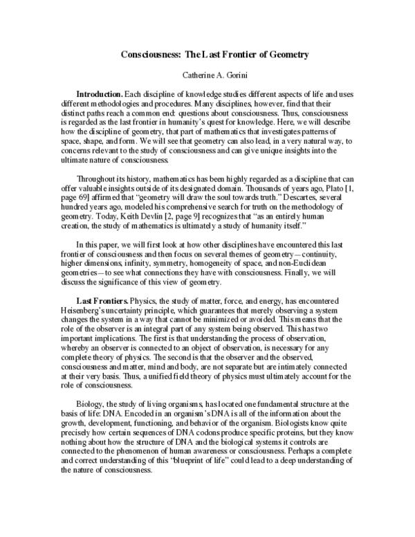 (PDF) Consciousness : The Last Frontier of Geometry