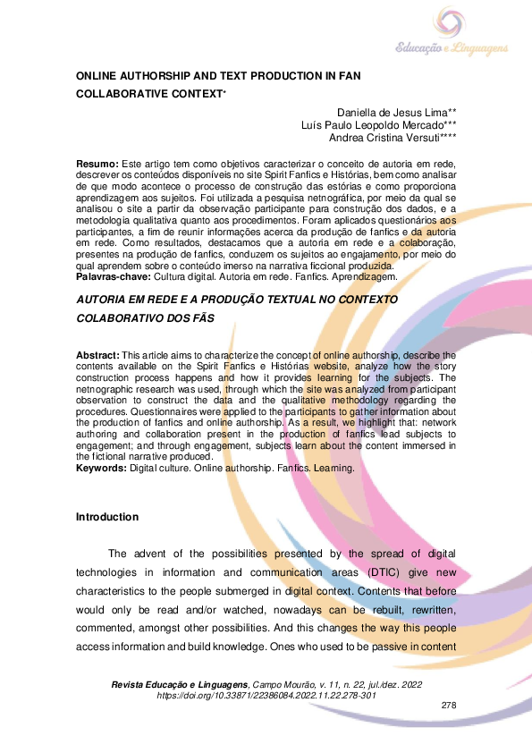 (PDF) Online Authorship and Text Production in Fan Collaborative Context