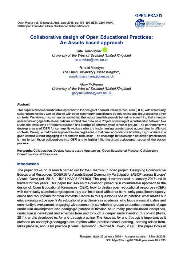 (PDF) Collaborative design of Open Educational Practices: An Assets based approach