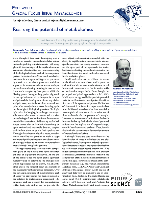 (PDF) Realising the potential of metabolomics