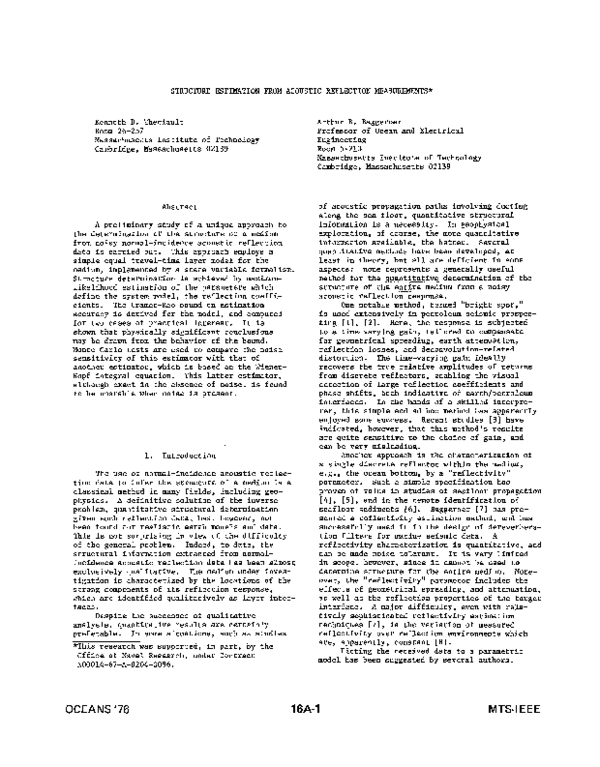 (PDF) Structure Estimation from Acoustic Reflection Measurements | Arthur Baggeroer - Academia.edu