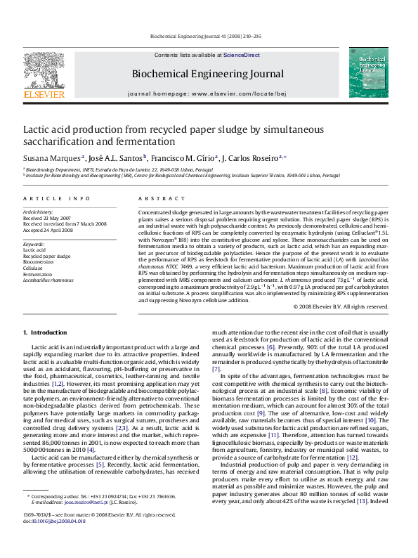 (PDF) Lactic acid production from recycled paper sludge by simultaneous saccharification and ...