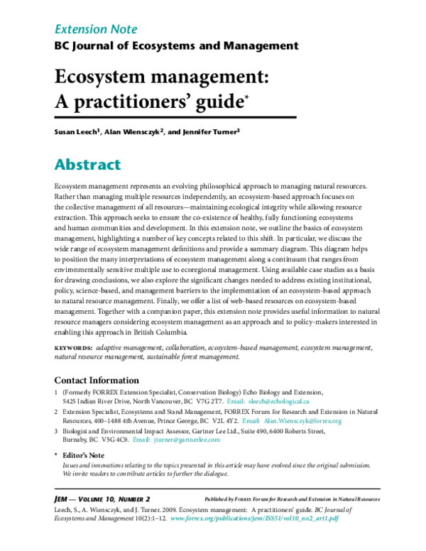 (PDF) Ecosystem management: A practitioners' guide