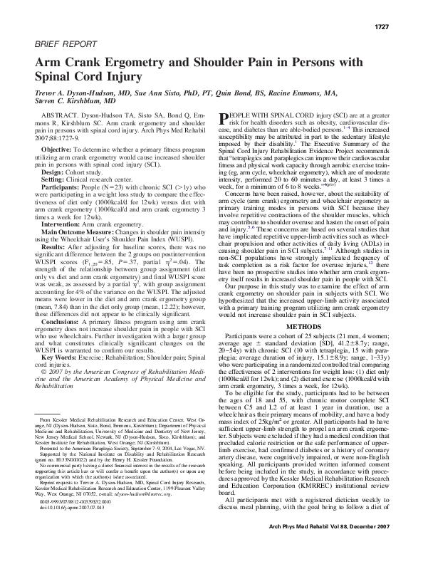 (PDF) Arm Crank Ergometry and Shoulder Pain in Persons with Spinal Cord ...