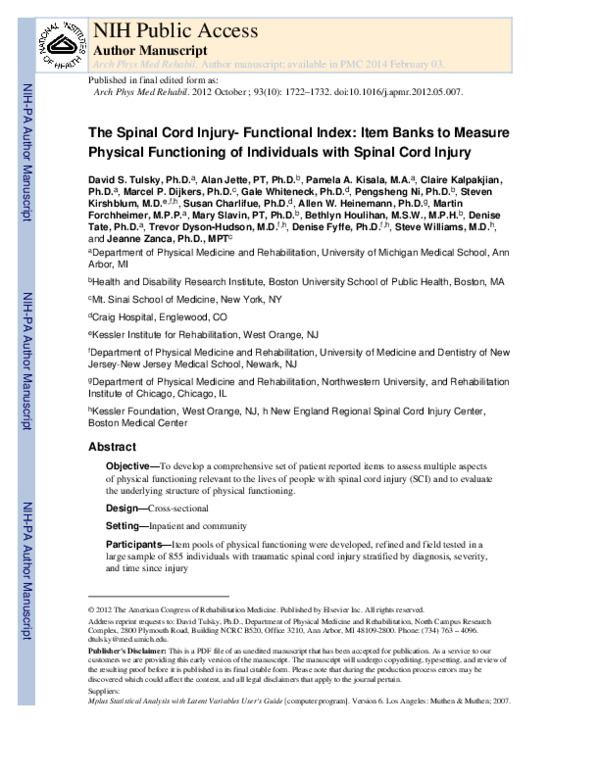 (PDF) Spinal Cord Injury-Functional Index: Item Banks to Measure ...