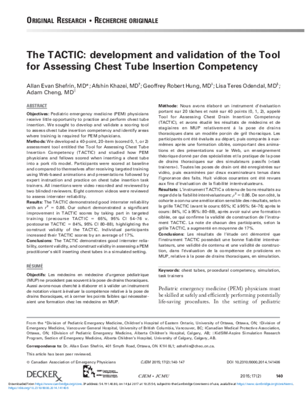 (PDF) The TACTIC: development and validation of the Tool for Assessing Chest Tube Insertion ...
