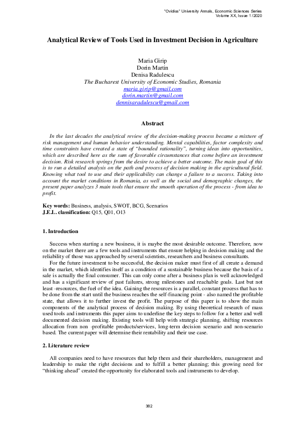 (PDF) Analytical Review of Tools Used in Investment Decision in Agriculture