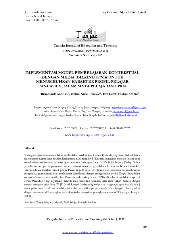 (PDF) Implementasi Model Pembelajaran Kontekstual dengan Media Talking Stick untuk Menumbuhkan ...
