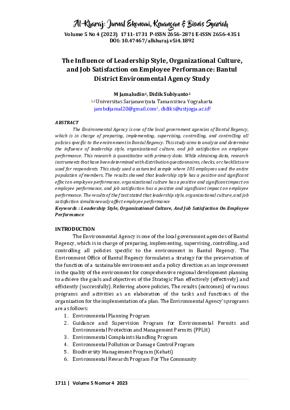 (PDF) The Influence of Leadership Style, Organizational Culture, and Job Satisfaction on ...