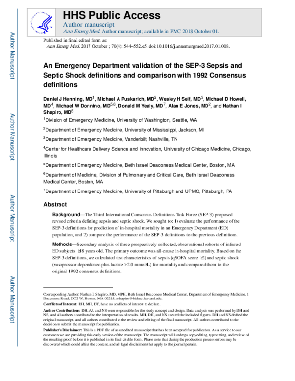 (PDF) An Emergency Department Validation of the SEP-3 Sepsis and Septic ...