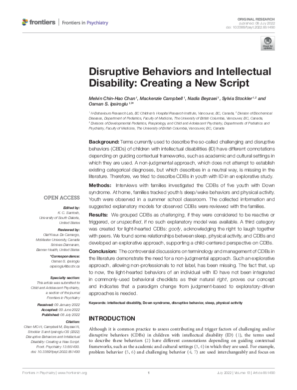 (PDF) Disruptive Behaviors and Intellectual Disability: Creating a New ...