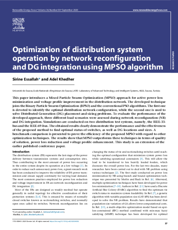 Pdf Optimization Of Distribution System Operation By Network Reconfiguration And Dg
