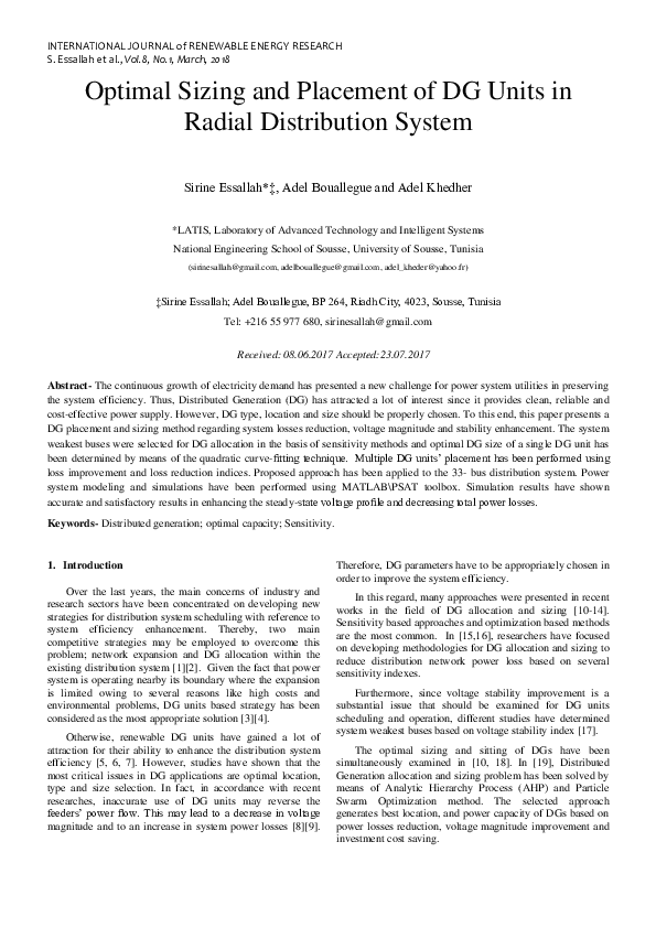 (PDF) Optimal sizing and placement of DG units in radial distribution system
