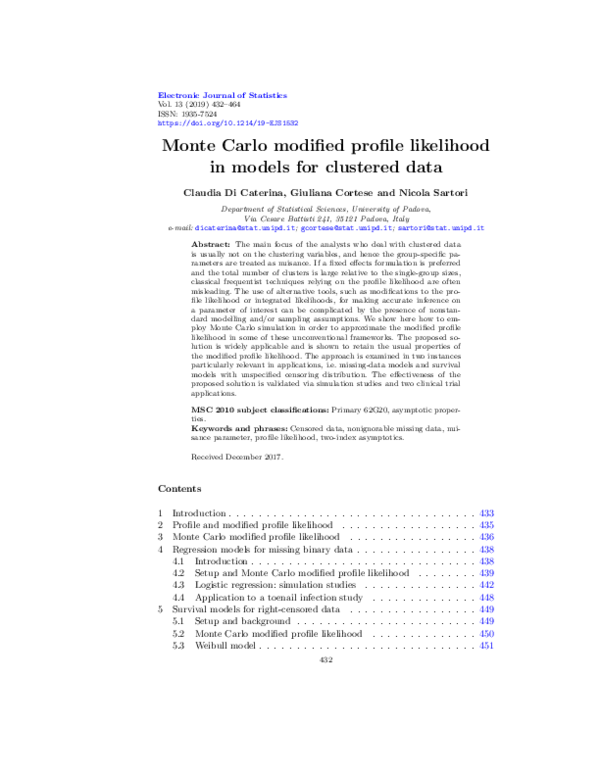 (PDF) Monte Carlo modified profile likelihood in models for clustered data