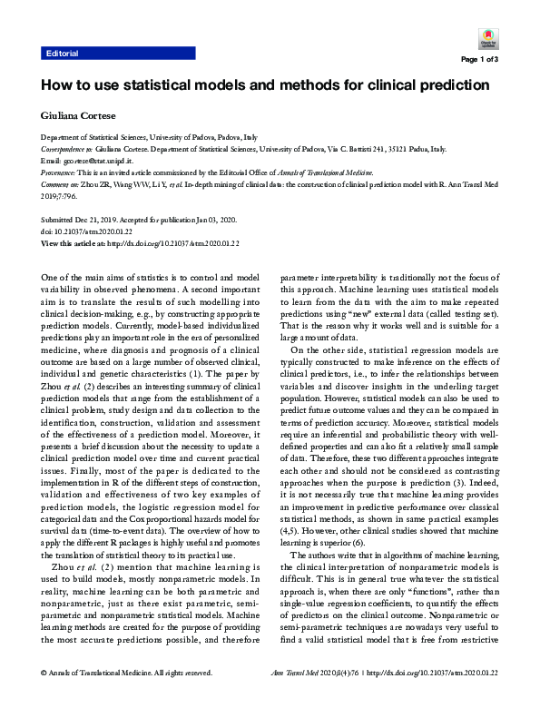 (PDF) How to use statistical models and methods for clinical prediction
