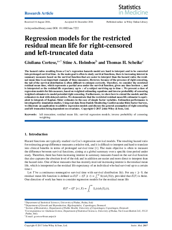 (PDF) Regression models for the restricted residual mean life for right-censored and left ...