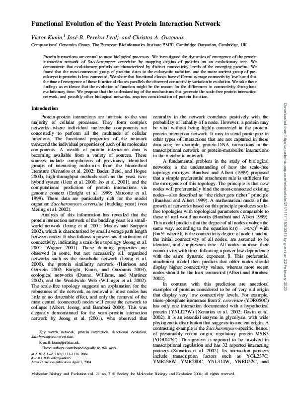 (PDF) Functional Evolution of the Yeast Protein Interaction Network
