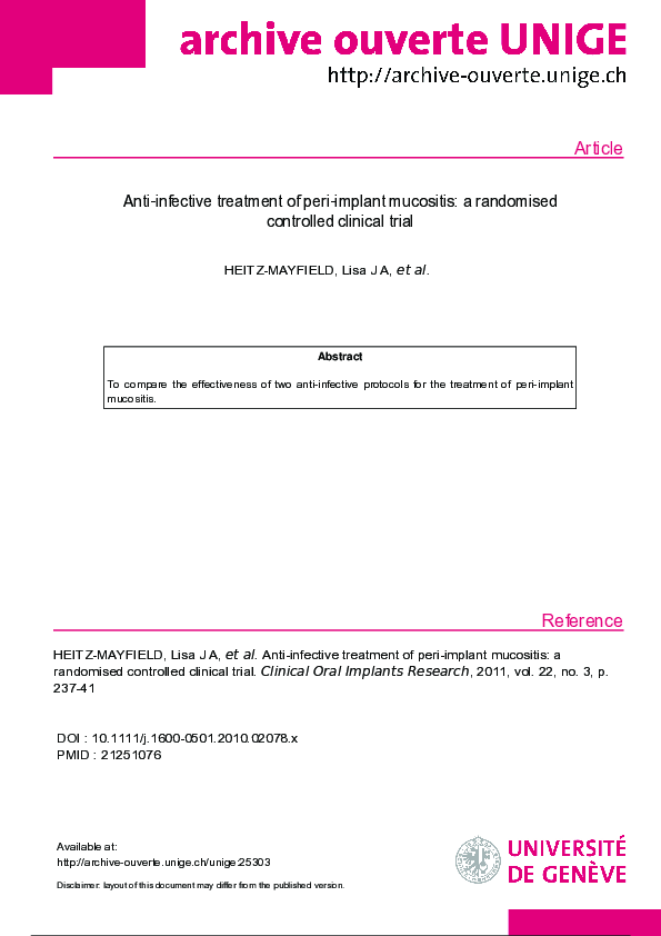 (PDF) Anti-infective treatment of peri-implant mucositis: a randomised ...
