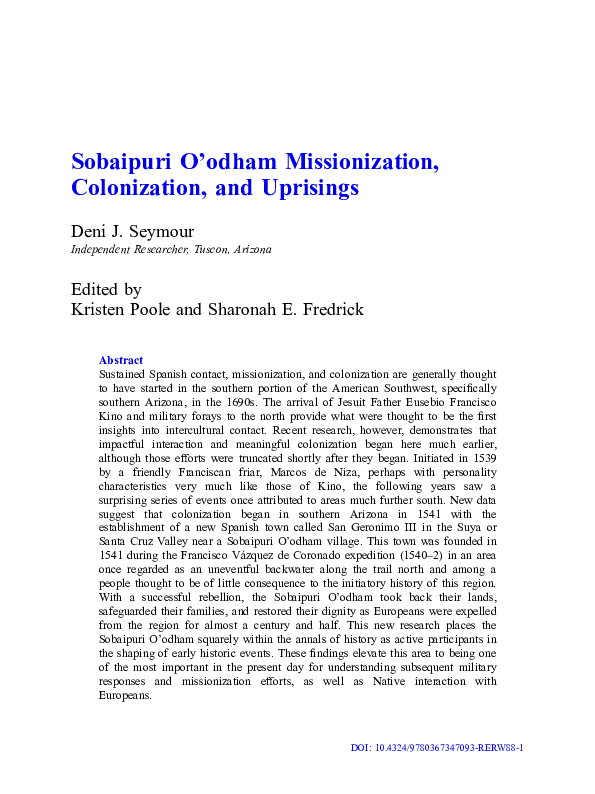(PDF) 2023 Sobaipuri O'odham Missionization, Colonization, and Uprisings
