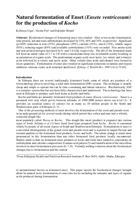 (PDF) Natural fermentation of Enset (Ensete Ventricosum) for the ...