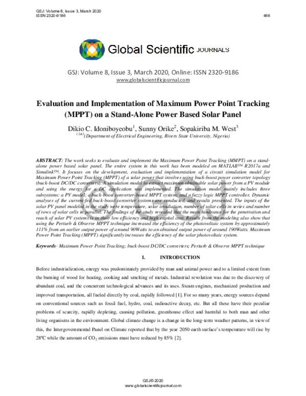 (PDF) Evaluation and Implementation of Maximum Power Point Tracking (MPPT) on a Stand-Alone ...