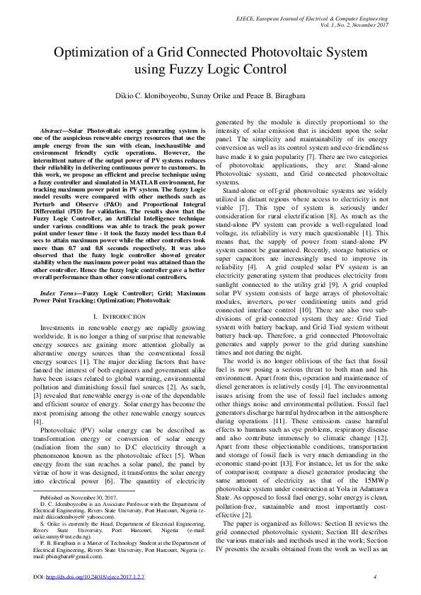 Pdf Optimization Of A Grid Connected Photovoltaic System Using Fuzzy Logic Control