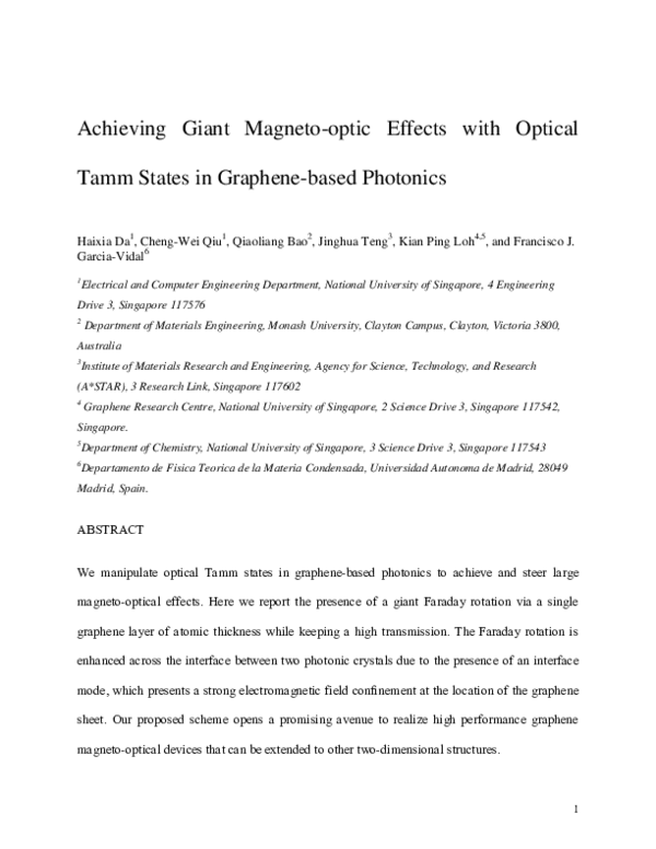 (PDF) Achieving Giant Magneto-optic Effects with Optical Tamm States in ...