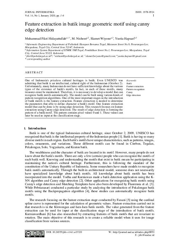 Pdf Feature Extraction In Batik Image Geometric Motif Using Canny
