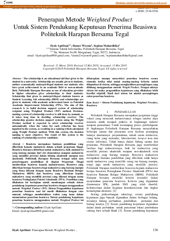 (PDF) Penerapan Metode Weighted Product Untuk Sistem Pendukung ...