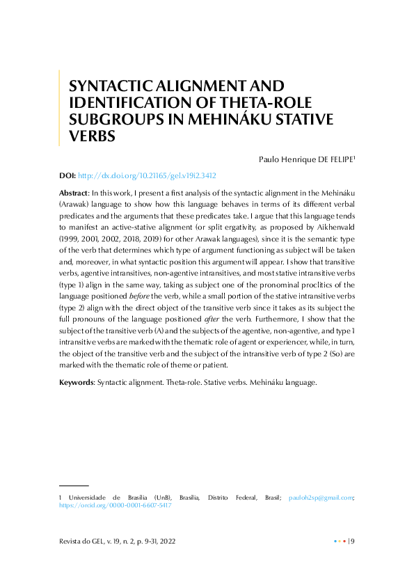 (PDF) Syntactic alignment and identification of theta-role subgroups in Mehináku stative verbs