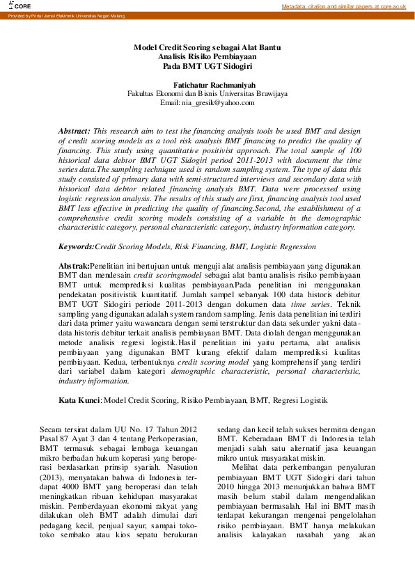 (PDF) Model Credit Scoring sebagai Alat Bantu Analisis Risiko Pembiayaan Pada BMT UGT Sidogiri