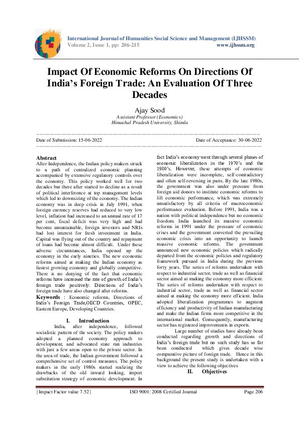 (PDF) Impact Of Economic Reforms On Directions Of Indias Foreign Trade ...