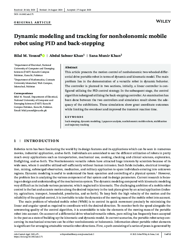 Dynamic modeling and tracking for nonholonomic mobile robot using PID and back‐stepping