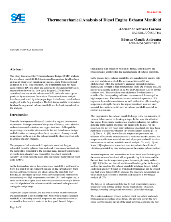 (PDF) Thermomechanical Analysis of Diesel Engine Exhaust Manifold