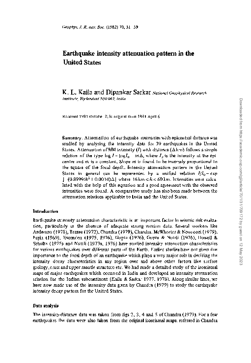 (PDF) Earthquake intensity attenuation pattern in the United States