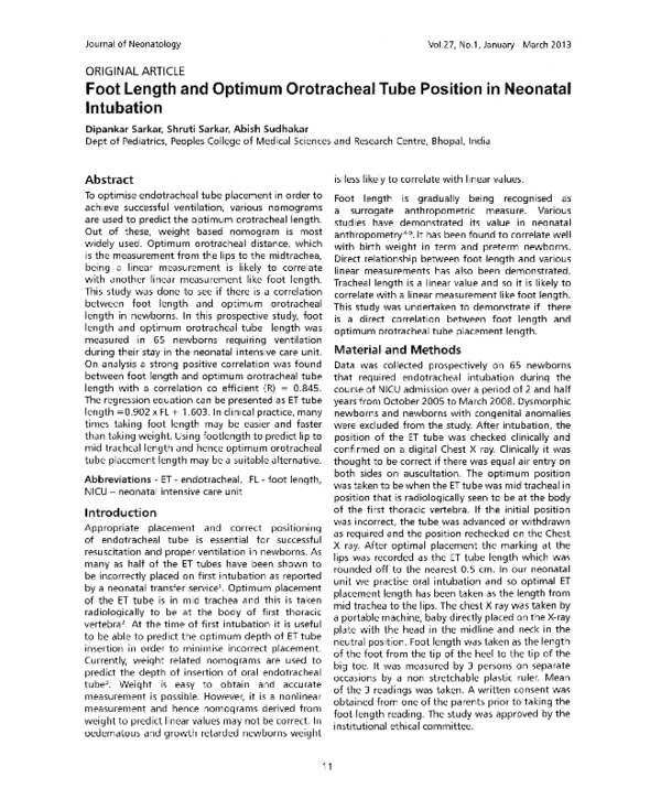 (PDF) Foot Length and Optimum Orotracheal Tube Position in Neonatal ...