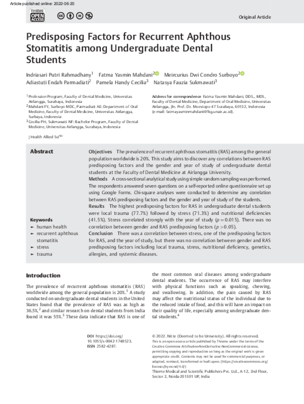 (PDF) Predisposing Factors for Recurrent Aphthous Stomatitis among Undergraduate Dental Students