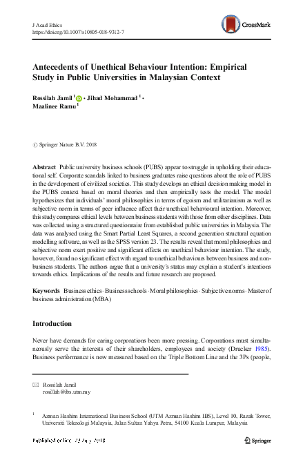 (PDF) Antecedents of Unethical Behaviour Intention: Empirical Study in Public Universities in ...