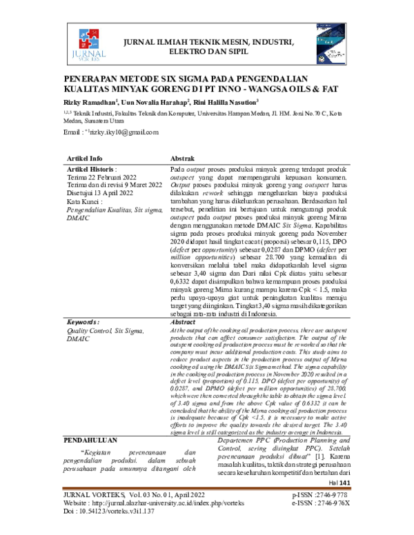 (PDF) Penerapan metode Six Sigma pada pengendalian kualitas minyak ...