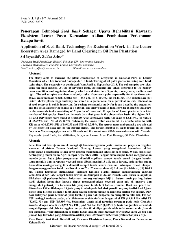 (PDF) Penerapan Teknologi Seed Bank Sebagai Upaya Rehabilitasi Kawasan Ekosistem Leuser Pasca ...