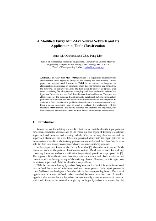 Pdf A Modified Fuzzy Min Max Neural Network With Rule Extraction And Its Application To Fault