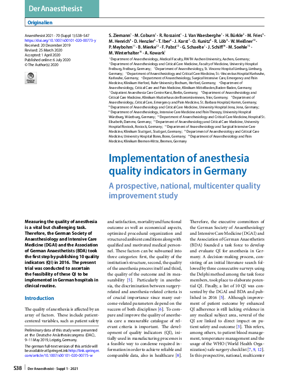(PDF) Implementation of anesthesia quality indicators in Germany