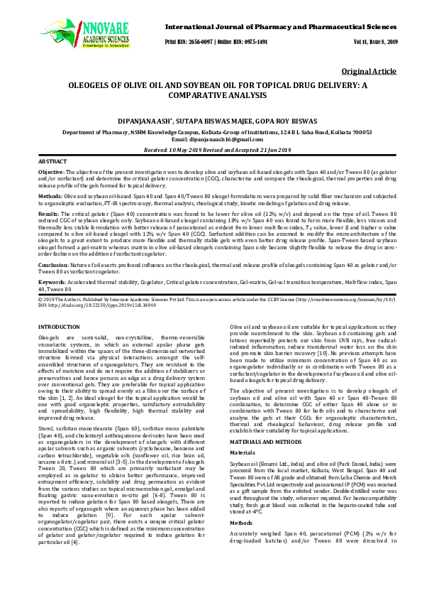 (PDF) OLEOGELS OF OLIVE OIL AND SOYBEAN OIL FOR TOPICAL DRUG DELIVERY: A COMPARATIVE ANALYSIS ...