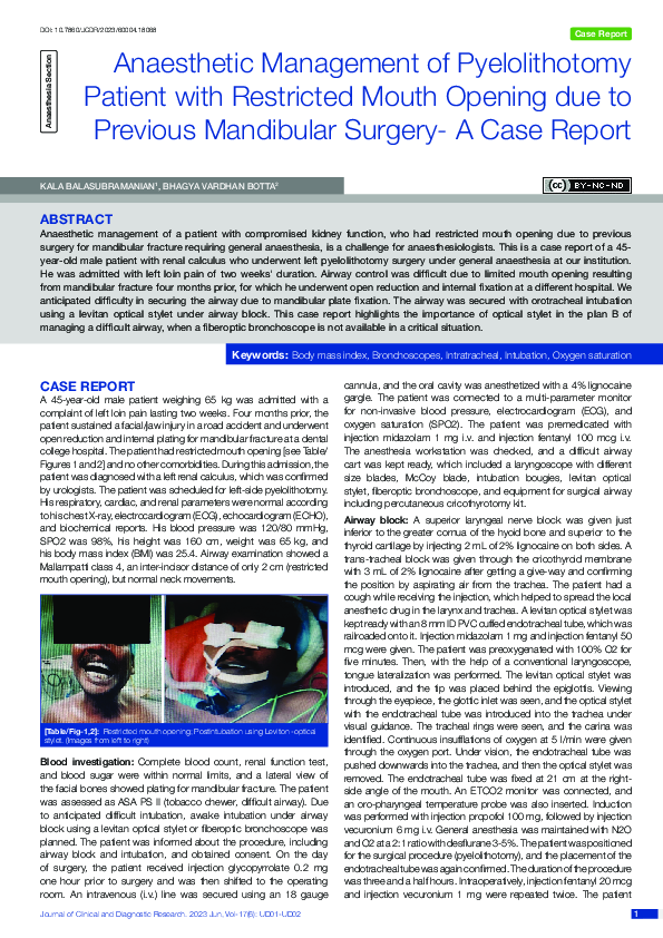 (PDF) Anaesthetic Management of Pyelolithotomy Patient with Restricted ...