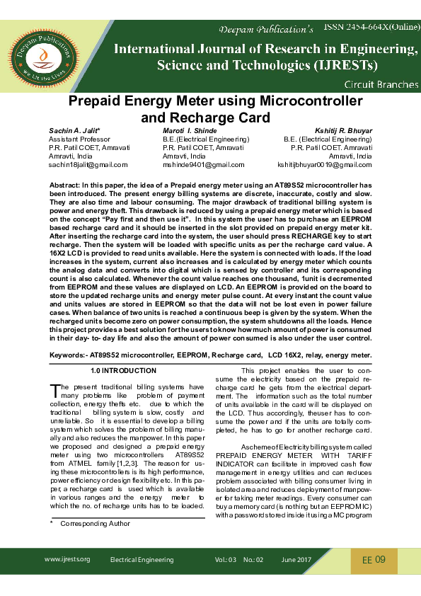 (PDF) Prepaid Energy Meter using Microcontroller and Recharge Card | Sachin Jalit - Academia.edu